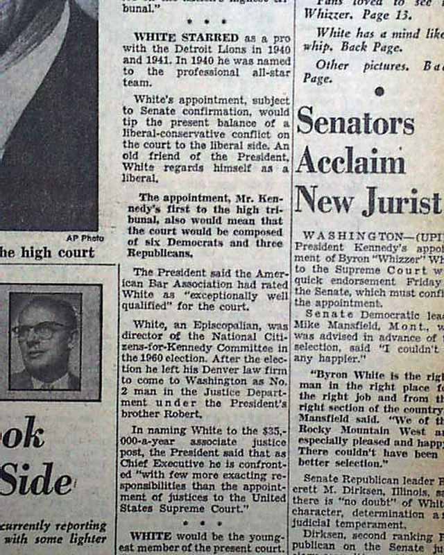 Byron White "Whizzer" appointed to U.S. Supreme Court ...