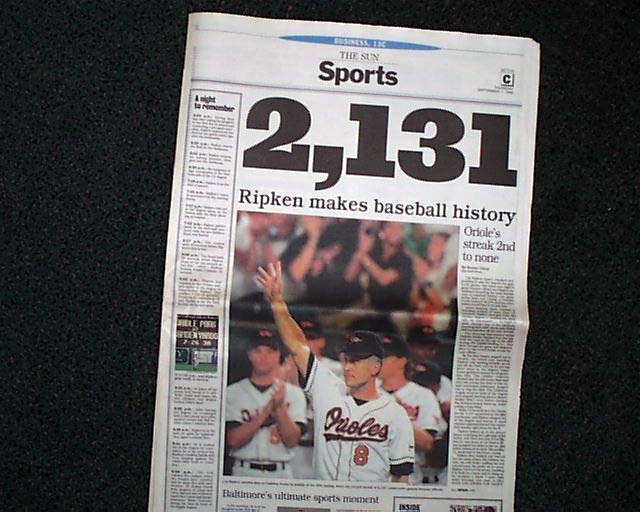 Cal Ripken breaks Lou Gehrig's 2130 game record... - RareNewspapers.com