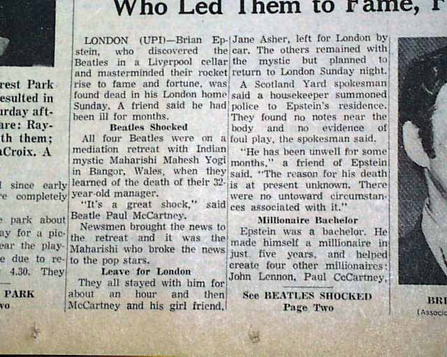 Brian Epstein death in 1967... - RareNewspapers.com