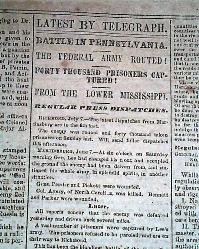 Battle of Gettysburg, in a Confederate newspaper... - RareNewspapers.com