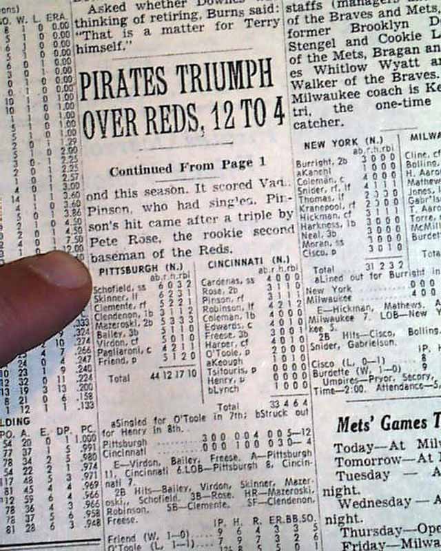 Pete Rose very 1st hit... - RareNewspapers.com