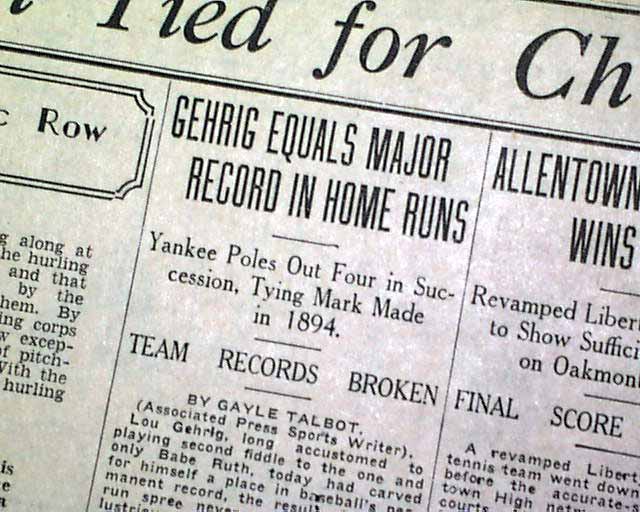 Lou Gehrig hits 4 home runs in a row.... - RareNewspapers.com