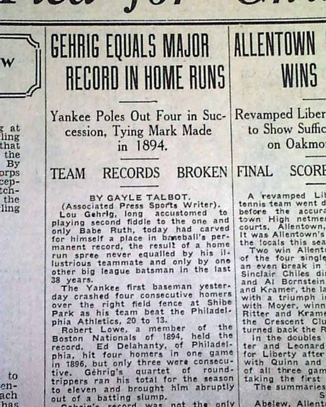 Lou Gehrig hits 4 home runs in a row.... - RareNewspapers.com