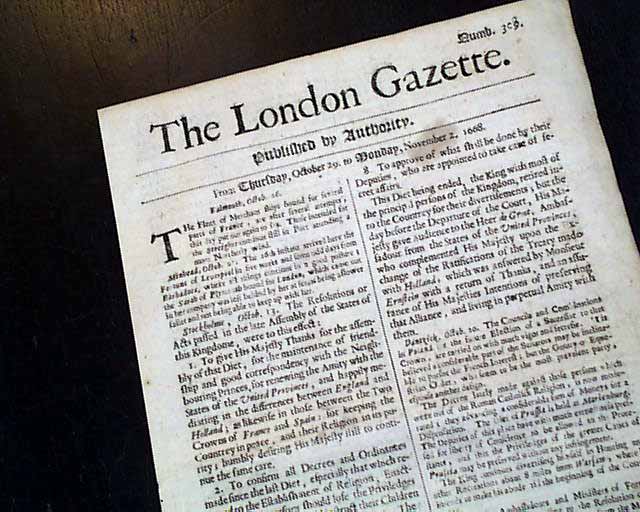 Genuine London Gazette newspaper from 1668... - RareNewspapers.com