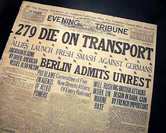 SS Arcadian sunk by German U-Boat... - RareNewspapers.com