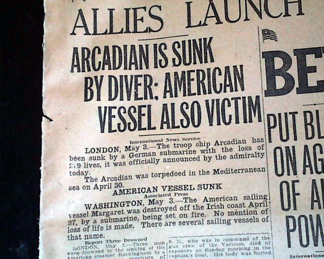 SS Arcadian sunk by German U-Boat... - RareNewspapers.com
