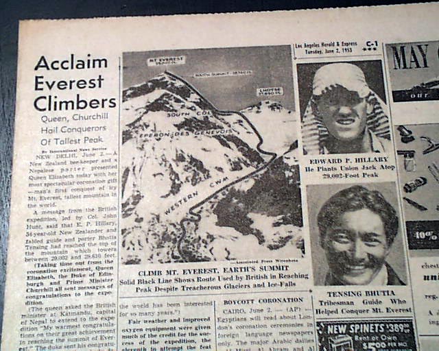 Edmund Hillary conquers Mt. Everest... - RareNewspapers.com