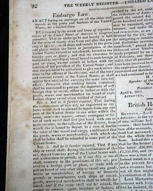 The historic Embargo, which would lead to the War of 1812 ...