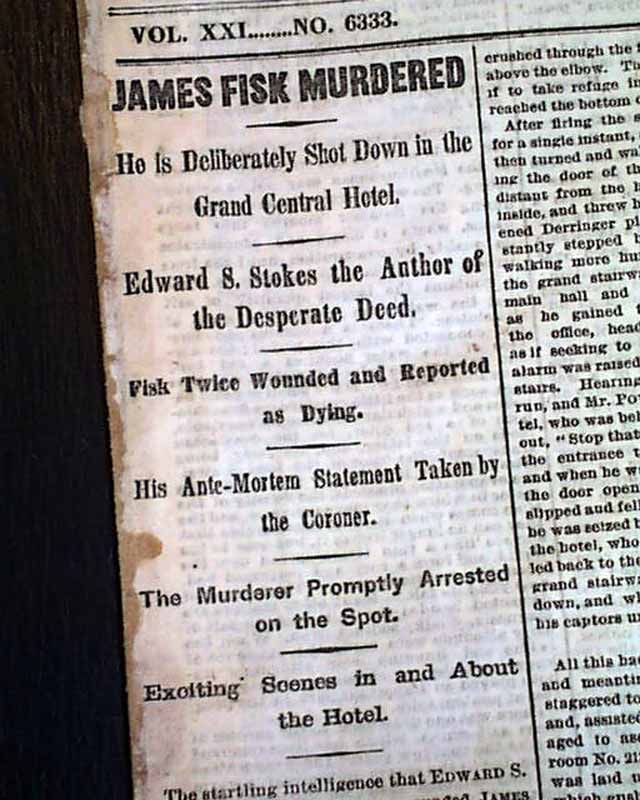 James Fisk Jr. assassination death... - RareNewspapers.com