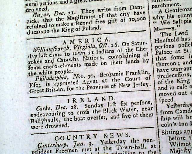 Ben Franklin is appointed agent for New Jersey... Other reports from ...