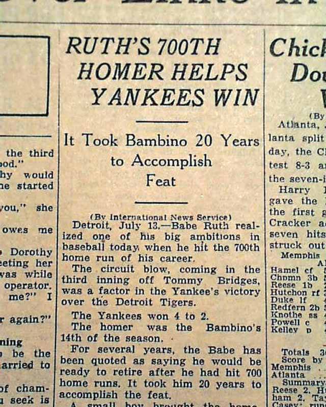Babe Ruth 700th home run.... - RareNewspapers.com