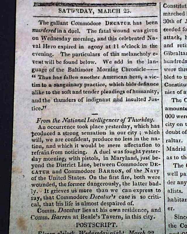 Death of Stephen Decatur by duel... - RareNewspapers.com