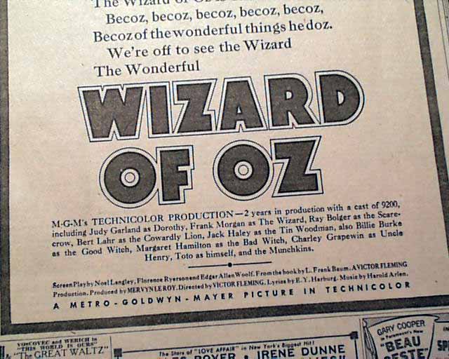 Wizard of Oz debut... opening day... - RareNewspapers.com