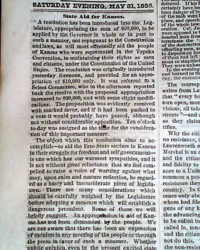 Bleeding Kansas, and the sacking of Lawrence... - RareNewspapers.com