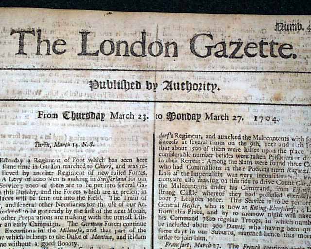 1704 Before REVOLUTIONARY WAR Newspaper 300 Years Old ...