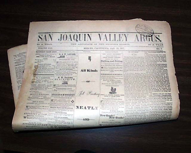 1877 Old West Newspaper From Merced CA...... - RareNewspapers.com