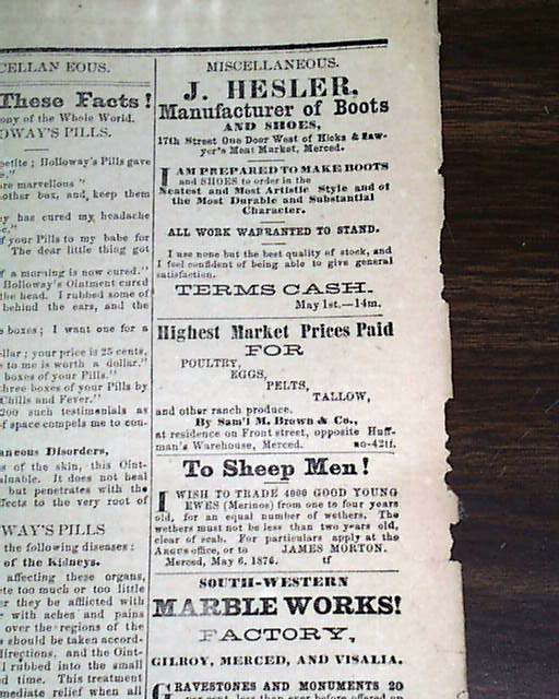 1877 Old West Newspaper From Merced CA...... - RareNewspapers.com