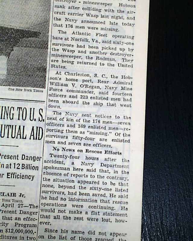 1952 USS Hobson & Wasp disaster.... - RareNewspapers.com