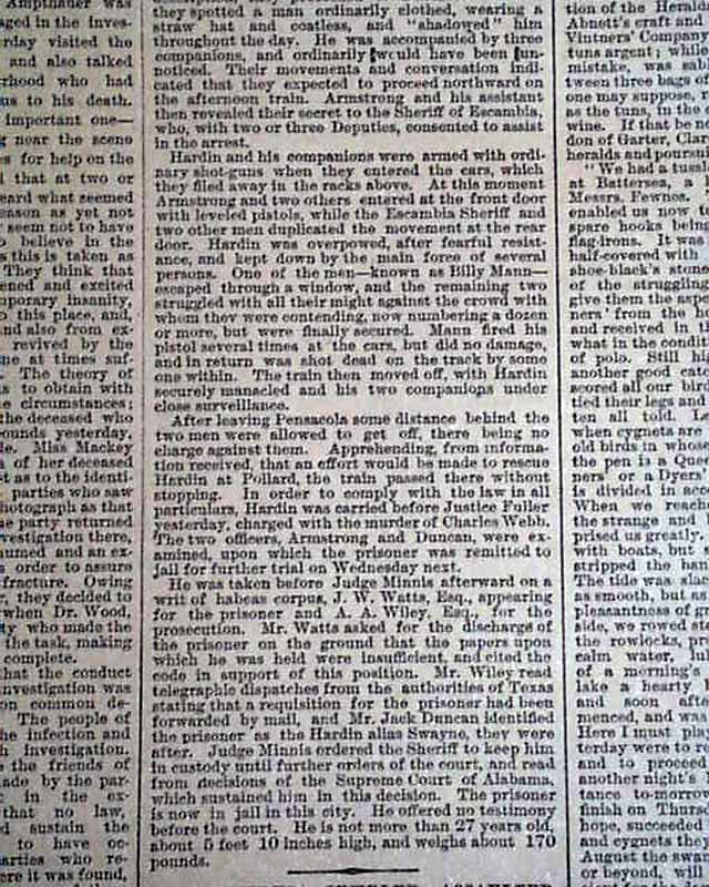 Capture of John Wesley Hardin... - RareNewspapers.com
