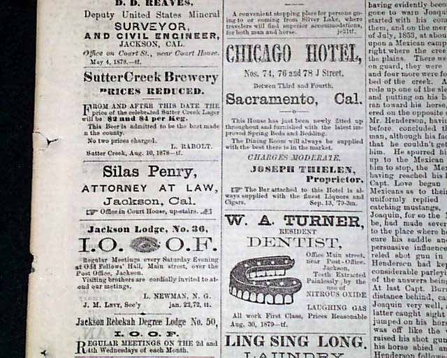 1880 Old West Newspaper From Jackson CA...... - RareNewspapers.com