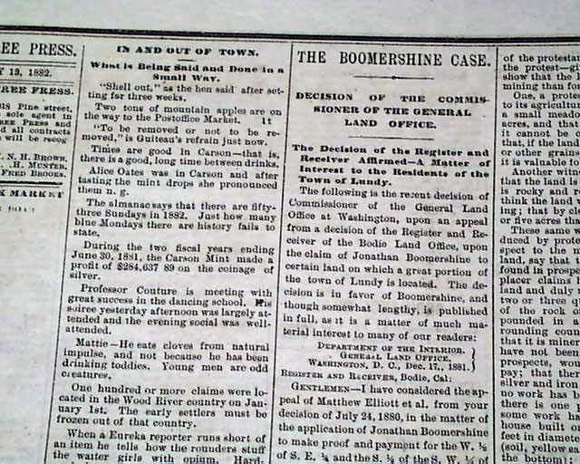 1882 Old West Newspaper From BODIE CA... - RareNewspapers.com