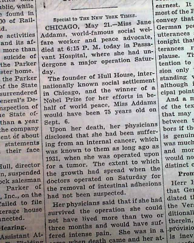 Nobel Peace winner Jane Addams dies... - RareNewspapers.com