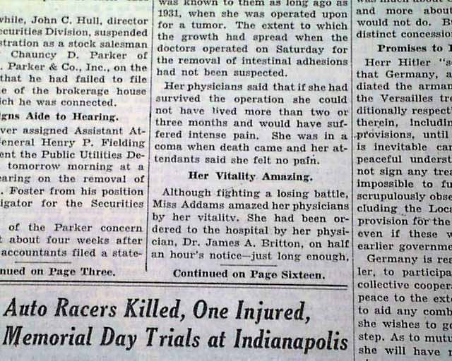 Nobel Peace winner Jane Addams dies... - RareNewspapers.com