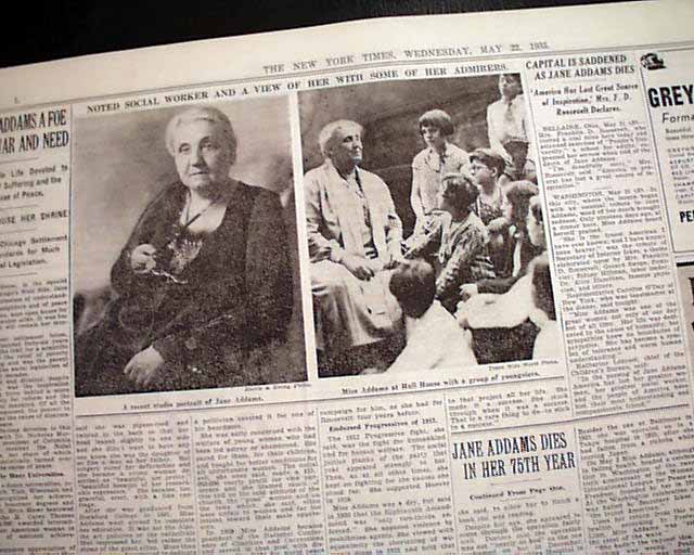 Nobel Peace winner Jane Addams dies... - RareNewspapers.com