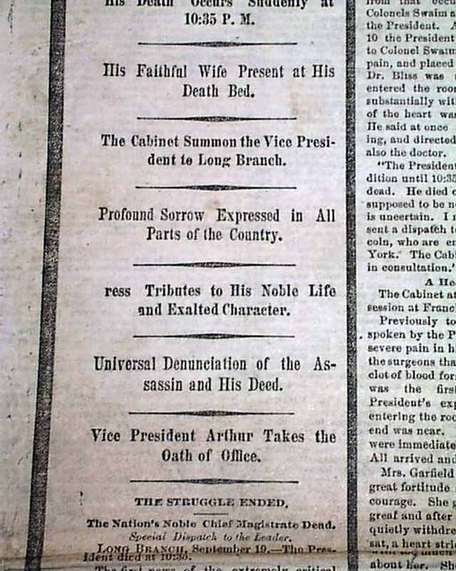 Death of President Garfield, in a Cleveland newspaper ...
