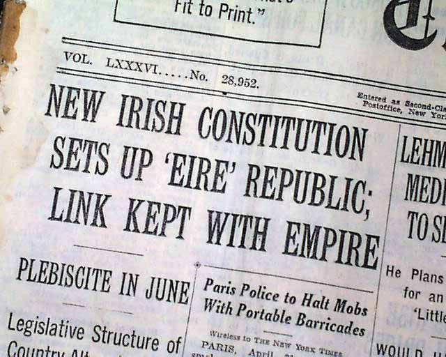 New Irish Constitution in 1937... - RareNewspapers.com