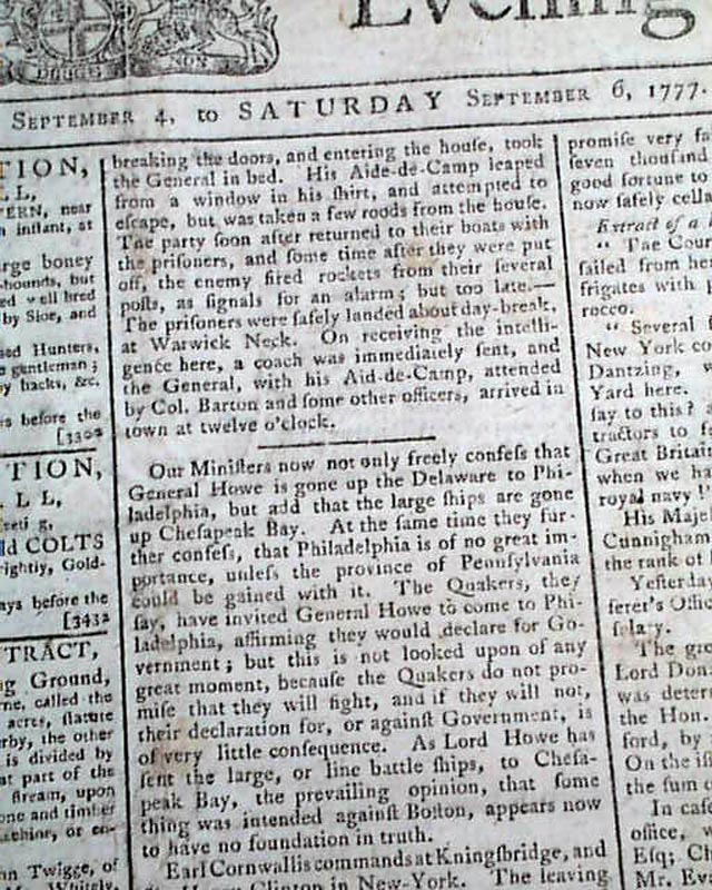 General Prescott captured in his sleep... Washington's plans ...
