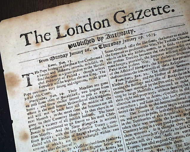 Genuine London Gazette newspaper from 1673... - RareNewspapers.com