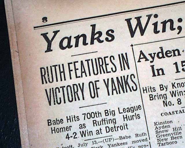 Babe Ruth 700th home run.... - RareNewspapers.com