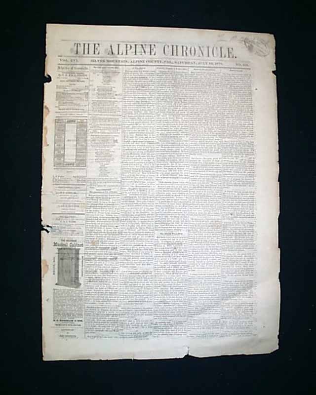 1878 Old West Newspaper From Silver Mountain CA...... - RareNewspapers.com