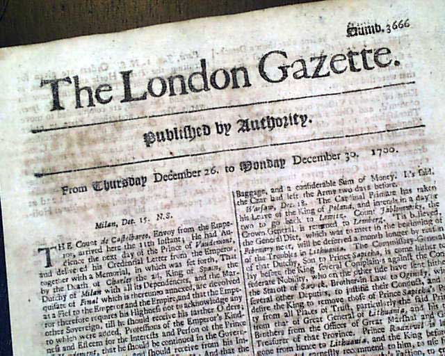Genuine London Gazette newspaper from 1700... - RareNewspapers.com