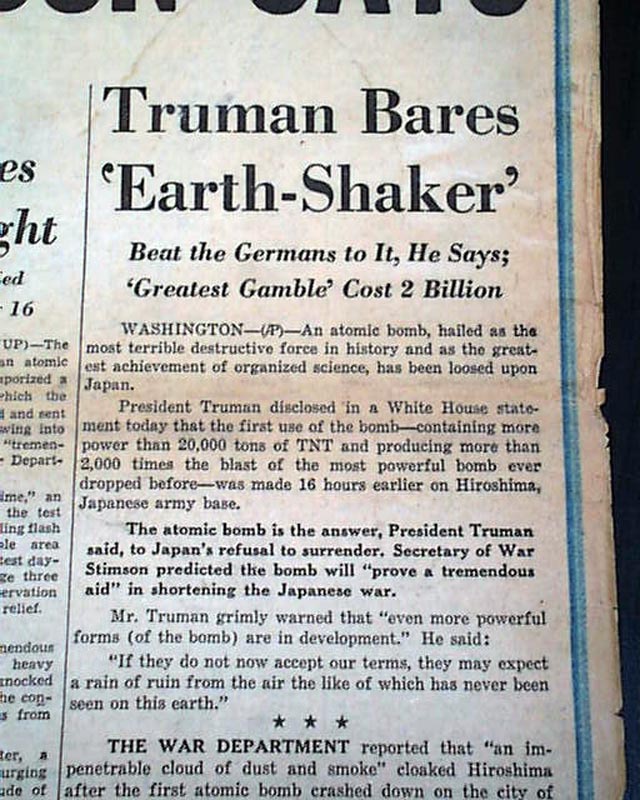 Atomic bomb dropped on Hiroshima... - RareNewspapers.com