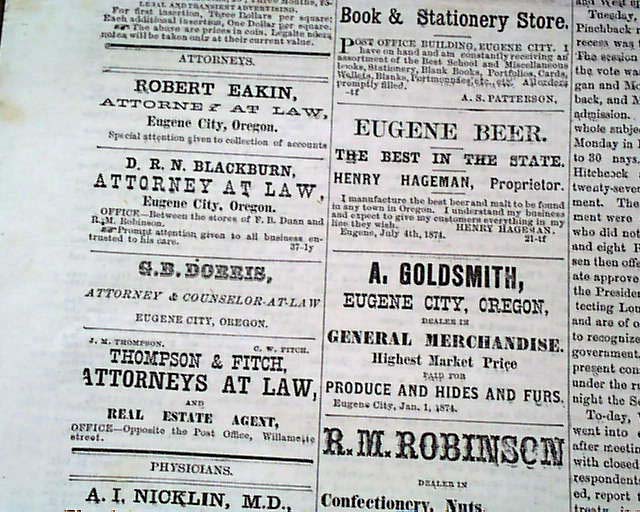 1875 Old West Newspaper From EUGENE CITY OR... - RareNewspapers.com