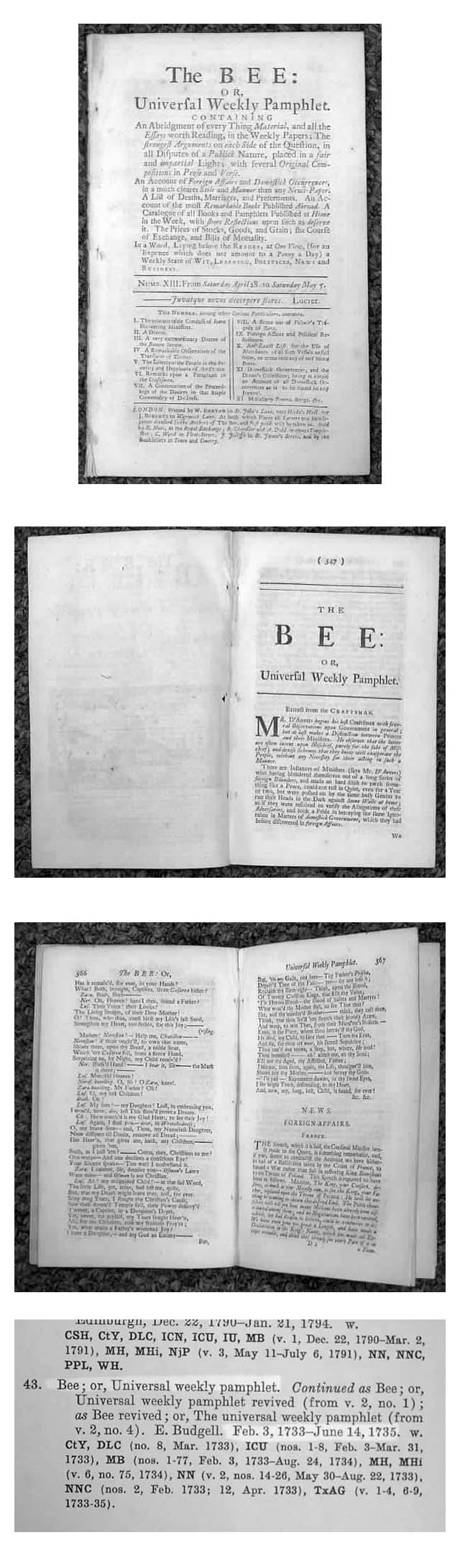 1734 London Magazine The Bee or Universal Weekly Pamphlet ...