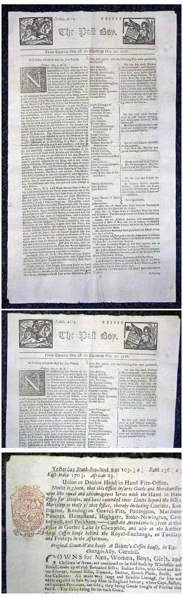 1716 London Newspaper POST BOY with TAX STAMP - RareNewspapers.com