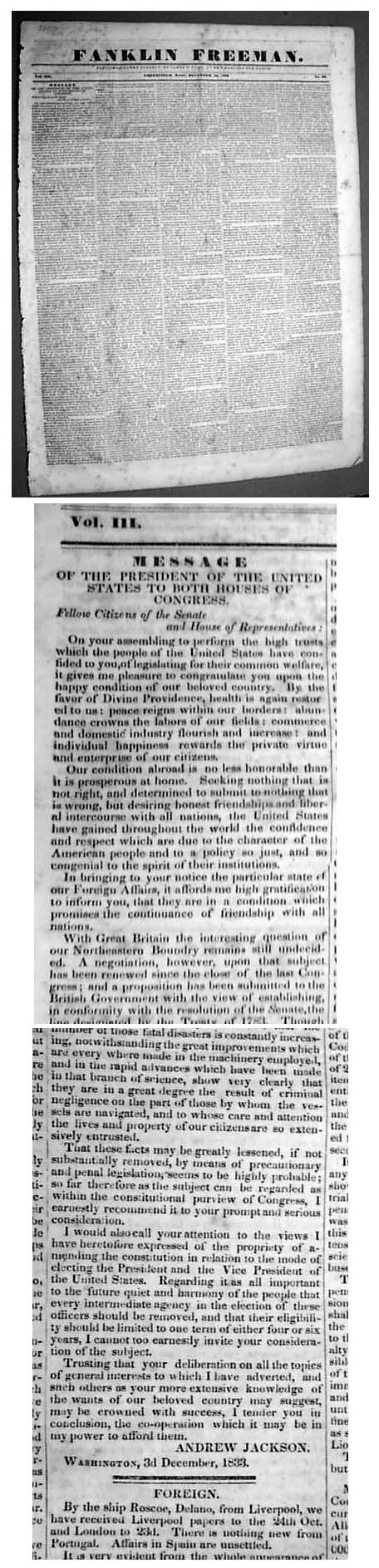 1833 Newspaper ANDREW JACKSON ANNUAL MESSAGE - RareNewspapers.com