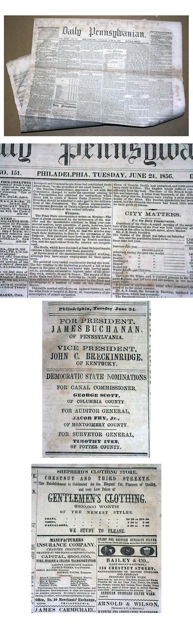 1856 Philadelphia Newspaper; James Buchanan Ad; Rare Title ...
